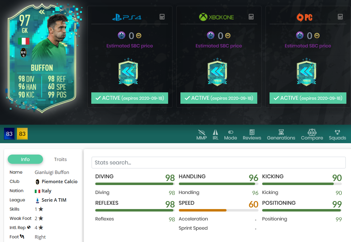 FIFA 20: SBC Gianluigi Buffon Flashback Pre Season - FifaUltimateTeam.it